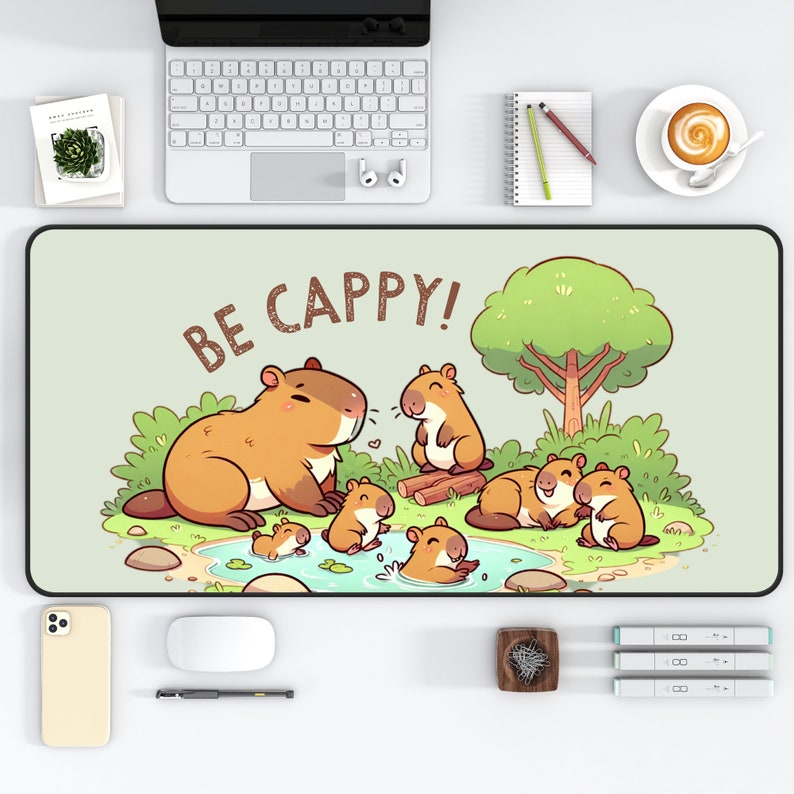 Capybara Cute Desk Mat, Be Cappy, Kawaii Mouse Pad Desk Accessory for ...