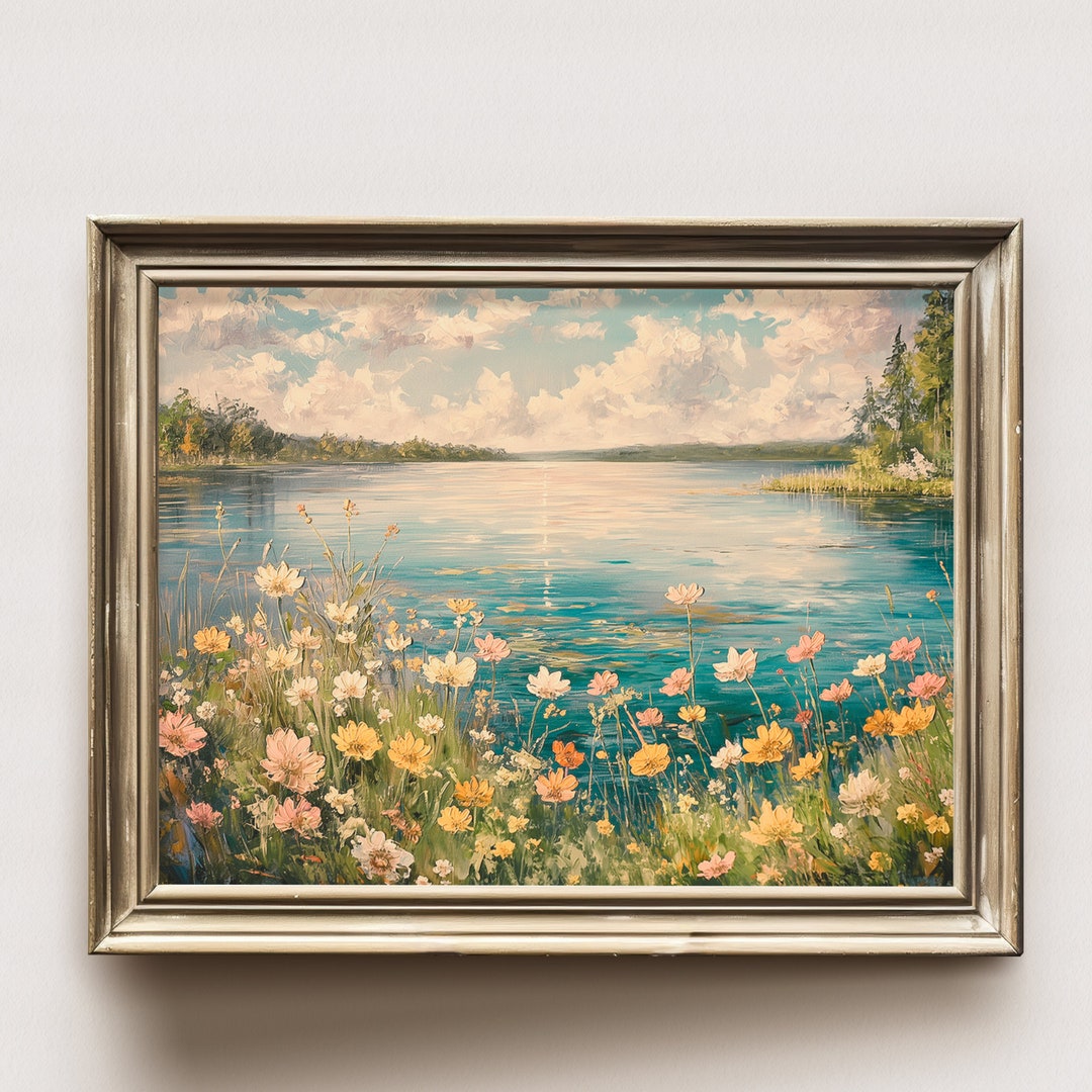 Cozy Cottagecore Printable Lake Art Print, Vintage Oil Painting Digital ...