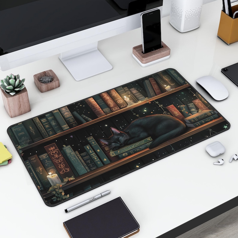 Whimsical Cat and Books Desk Mat Fantasy Desk Decor Cozy Bookshelf ...