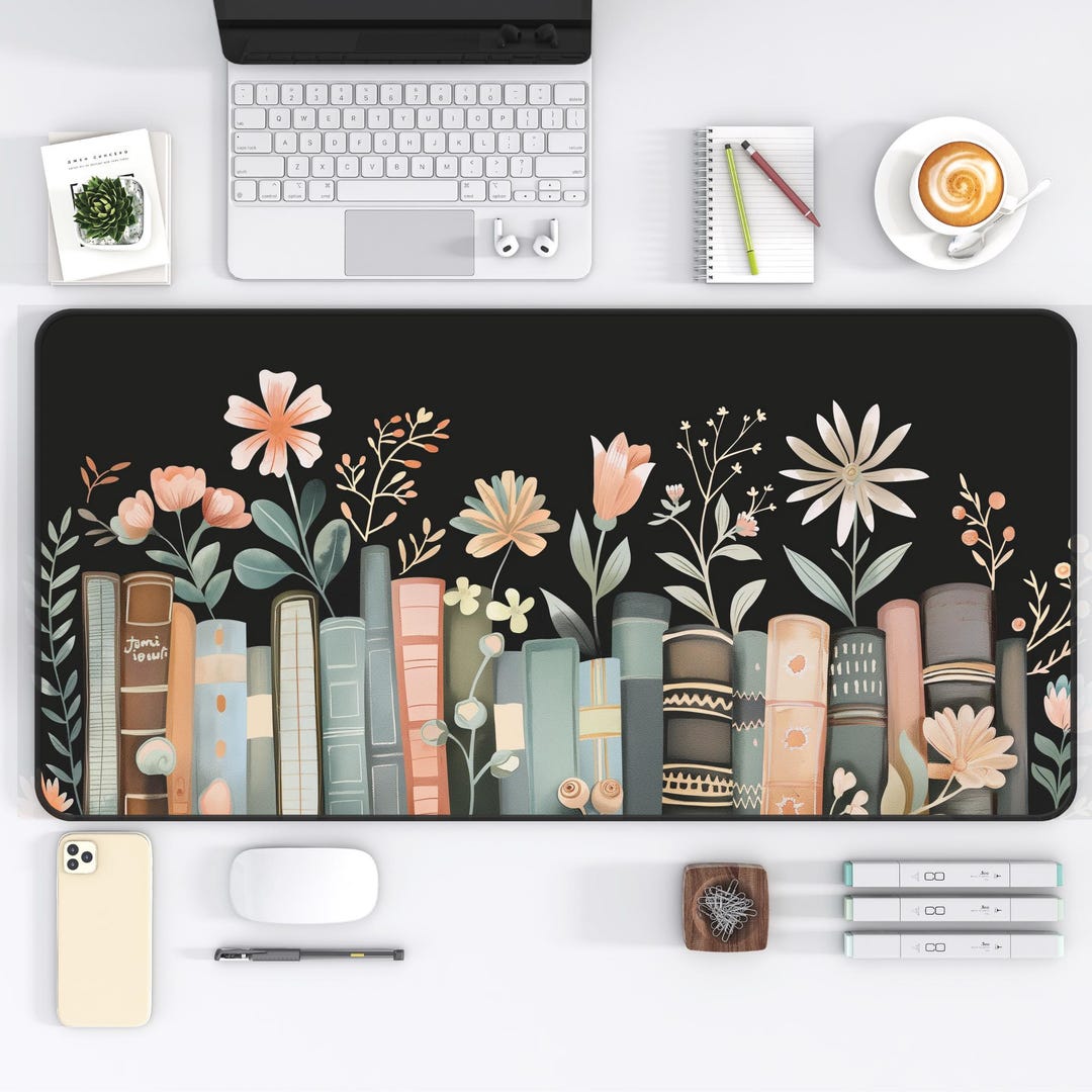 Floral Bookshelf Desk Mat Cottagecore Desk Mat Bookish Mouse Pad Large ...