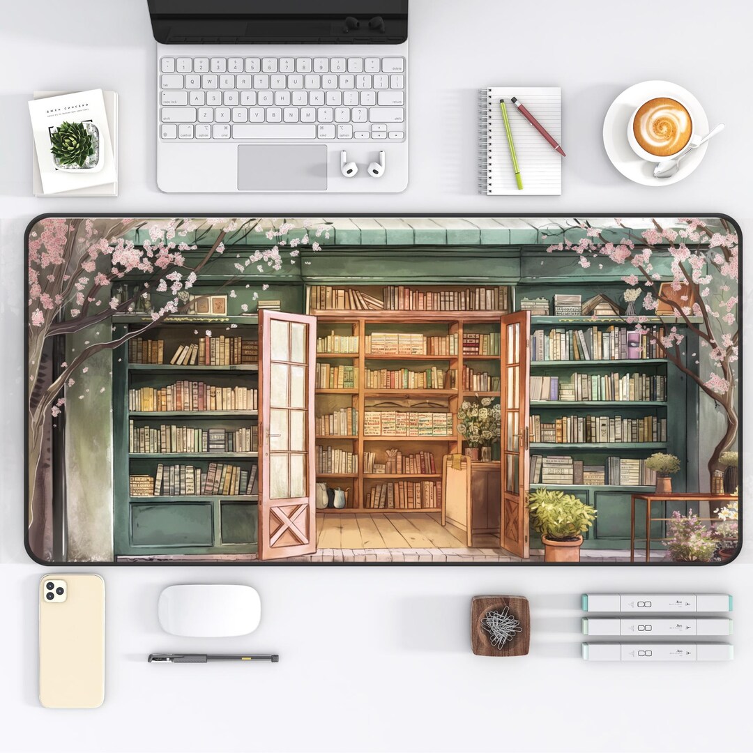 Cozy Bookstore Desk Mat Bookish Mouse Pad Book Nook Kit Pastel Tone ...