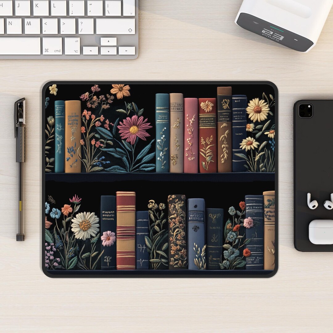 Floral Bookish Mouse Pad Vintage Bookshelves Mousepad Dark Cottagecore ...