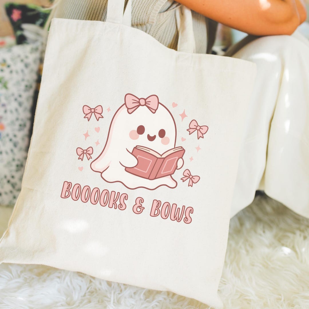 Pink Ghost Book Tote: Books and Bows Coquette Halloween Bag - Etsy