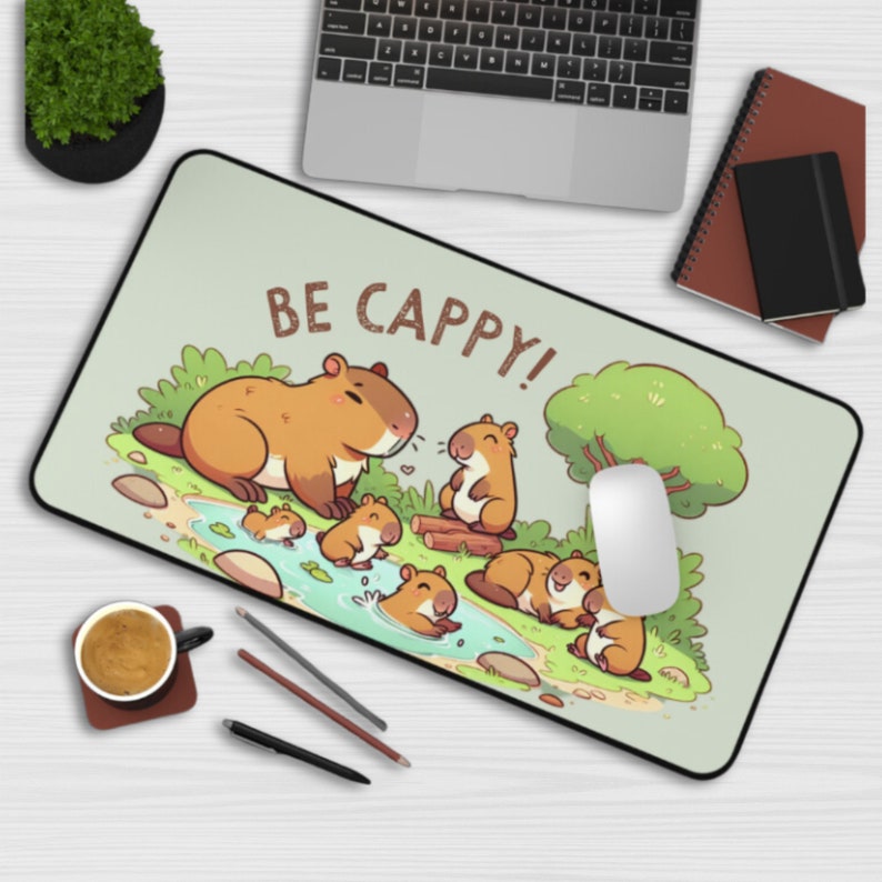 Capybara Cute Desk Mat, Be Cappy, Kawaii Mouse Pad Desk Accessory for ...