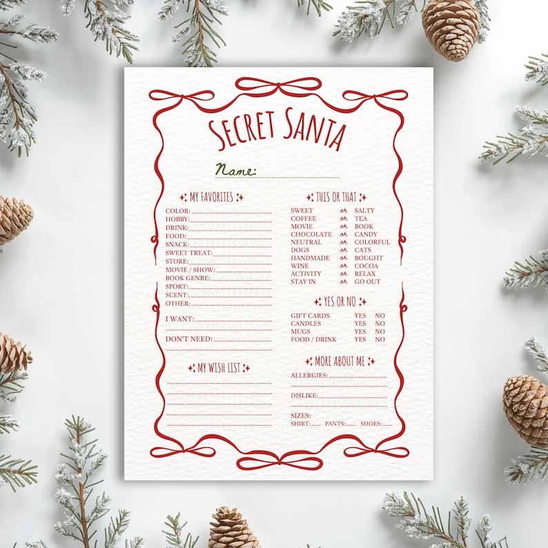 Secret Santa Survey Template: Printable Christmas Gift Exchange ...