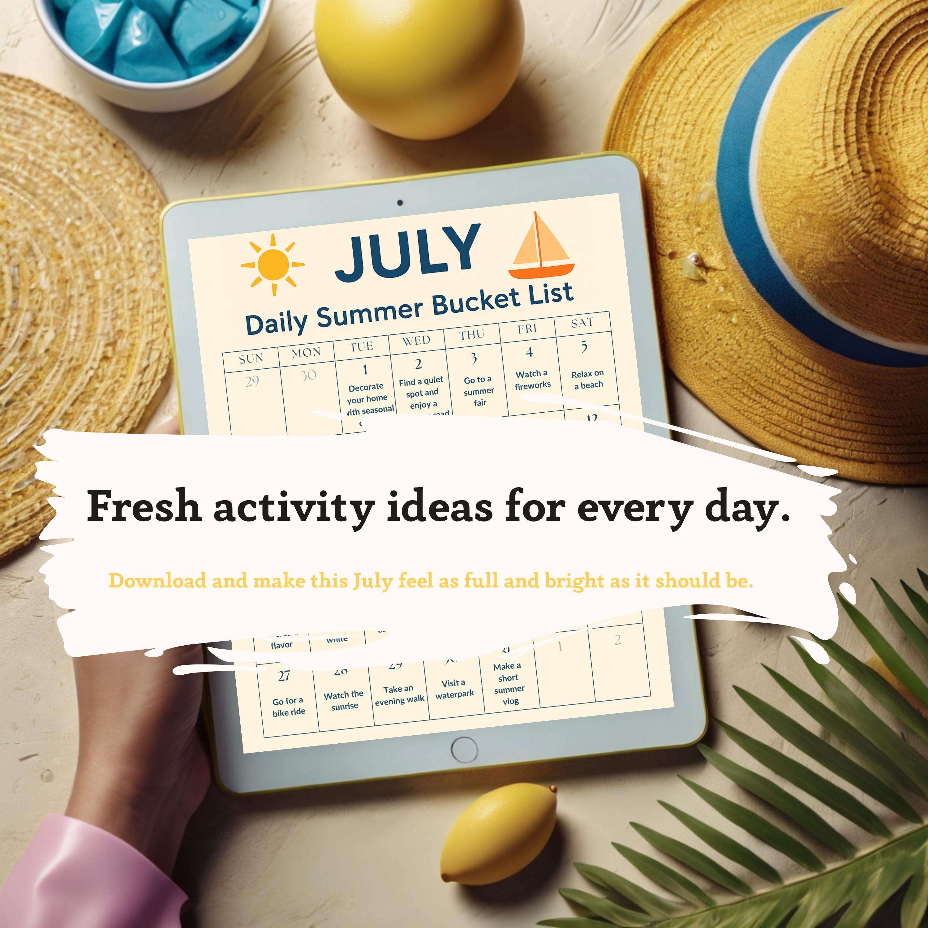 Summer Bucket List July 2025 Calendar, Summer Activity Printable ...