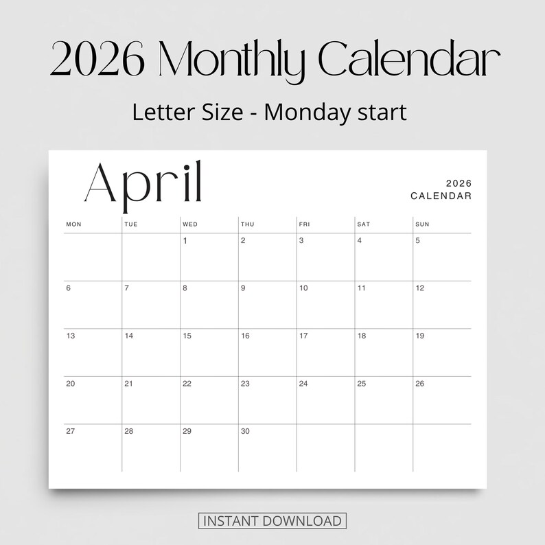 2026 Monthly Calendar, Printable 2026 Monthly Planner, Landscape, A4 ...