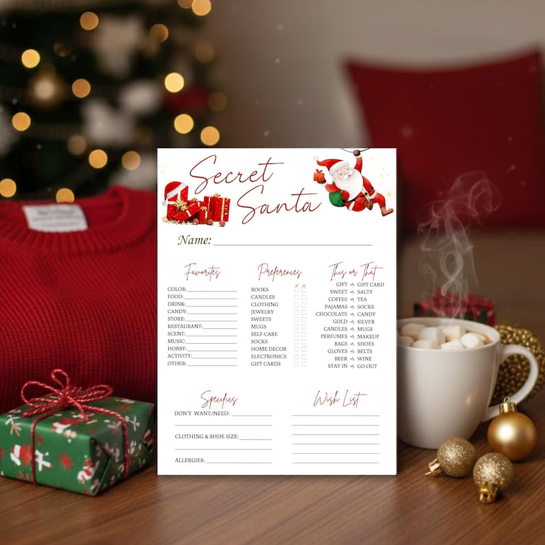 Secret Santa Questionnaire Printable, Christmas Gift Exchange Form ...