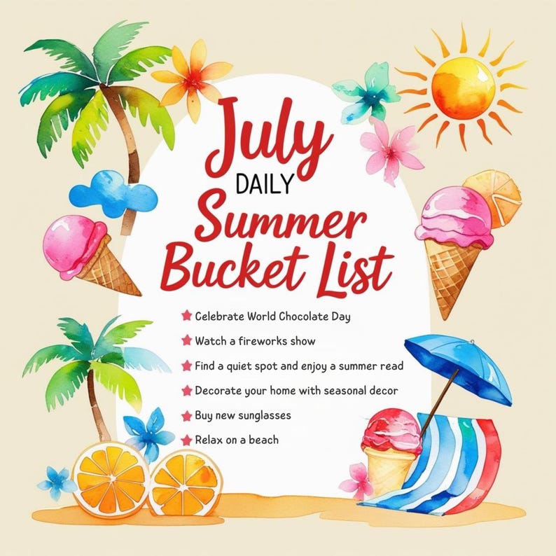 Summer Bucket List July 2025 Calendar, Summer Activity Printable ...