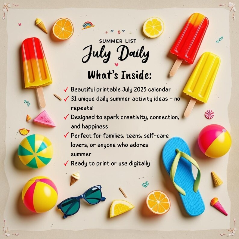 Summer Bucket List July 2025 Calendar, Summer Activity Printable ...