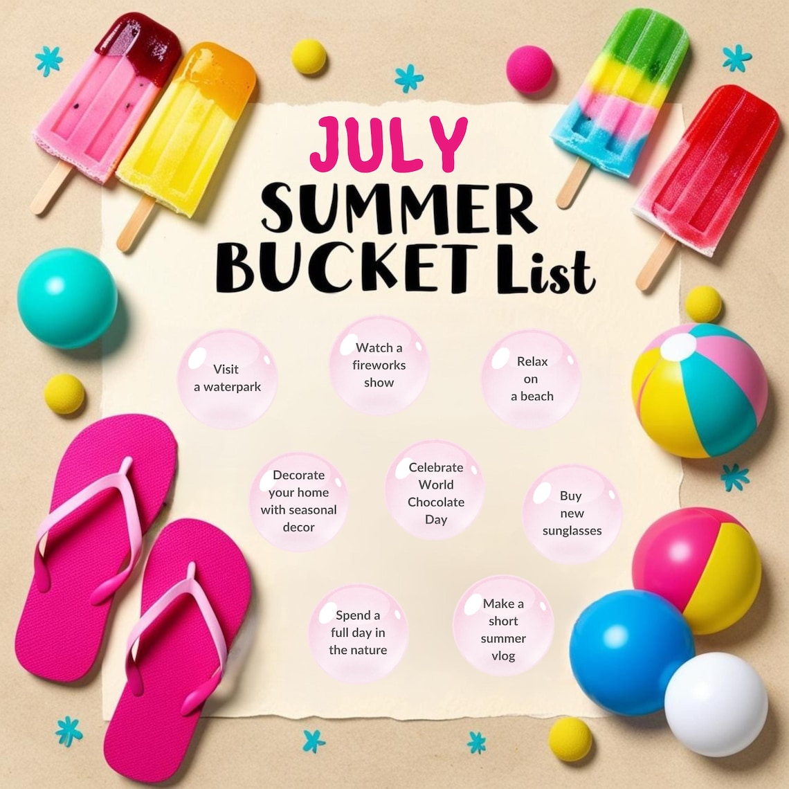 Summer Bucket List July 2025 Calendar, Summer Activity Printable ...