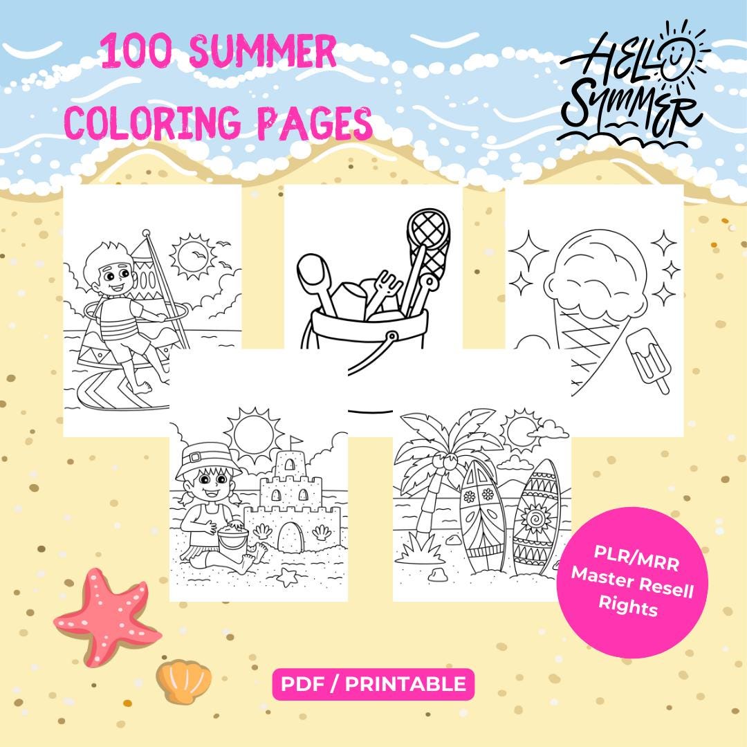 100 Summer Coloring Pages, PLR, MRR, Kids Coloring Book, Vacation ...