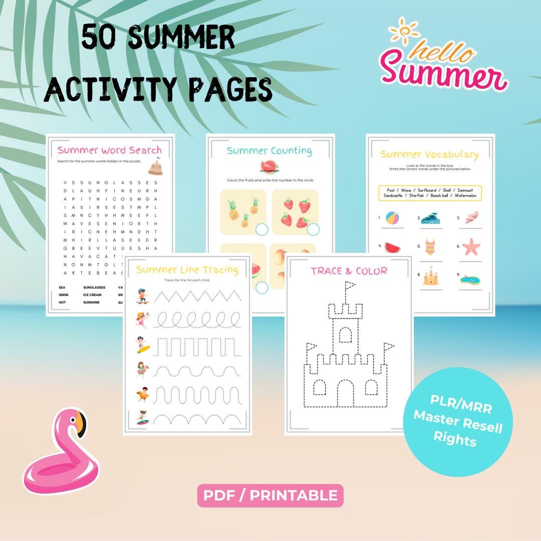 50 Summer Activity Pages for Kids Printable PDF, PLR, MRR, Summer ...