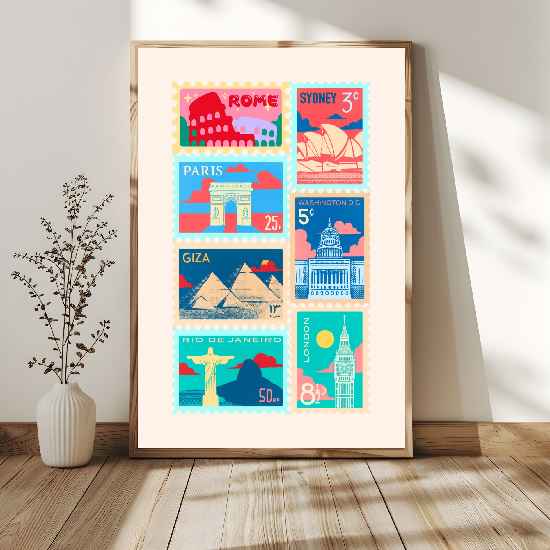 Travel-themed Stamps Poster, Printable Wall Art, Dorm Decor, Travel ...