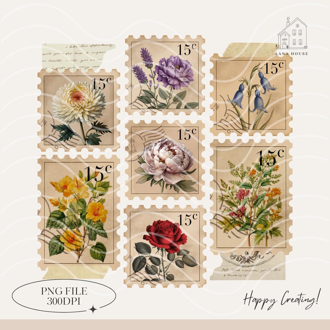 Vintage Flower Postage Stamp PNG, Floral Stamps Png, Retro Flower Png ...