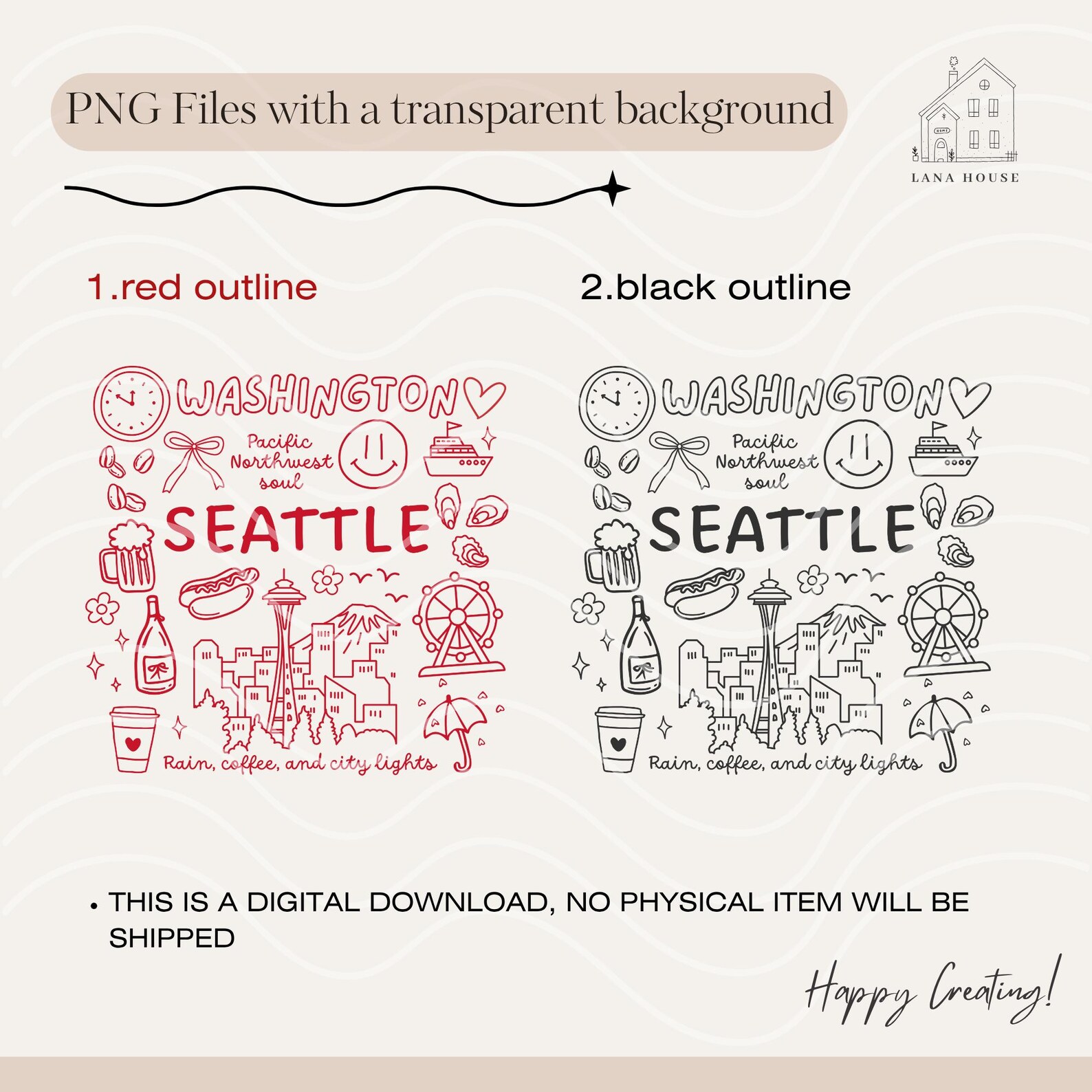 Seattle Icons, Washington Landmarks Png, PNG Files, I Love Seattle ...