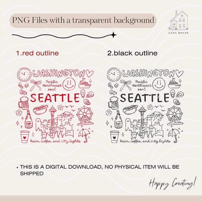 Seattle Icons, Washington Landmarks Png, PNG Files, I Love Seattle ...