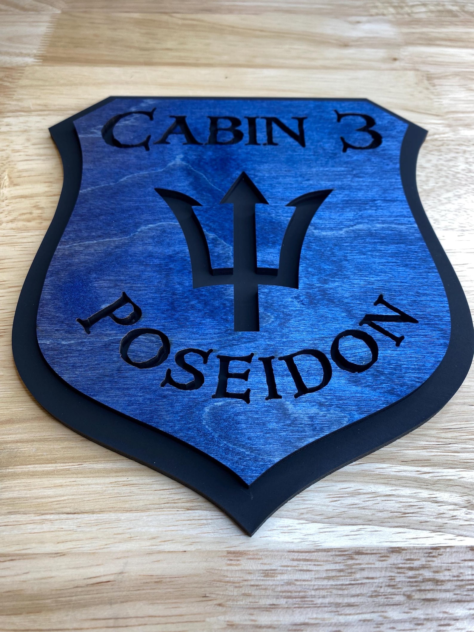 Cabin 3 Poseidon Sign: Percy Jackson Inspired Stained Wooden Shield ...