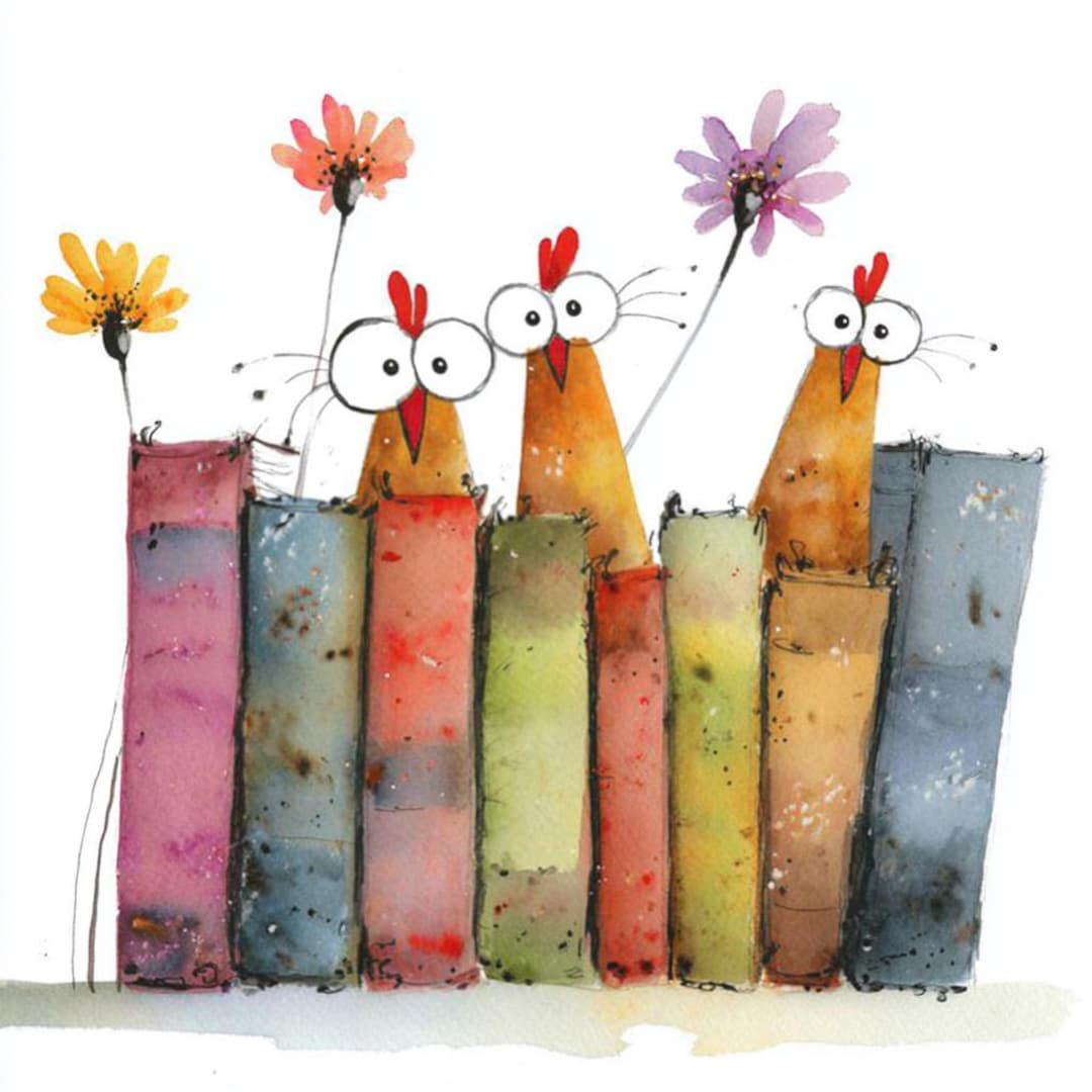 20 Watercolor Chicken & Books Clipart PNG : Whimsical Farm Library Art ...