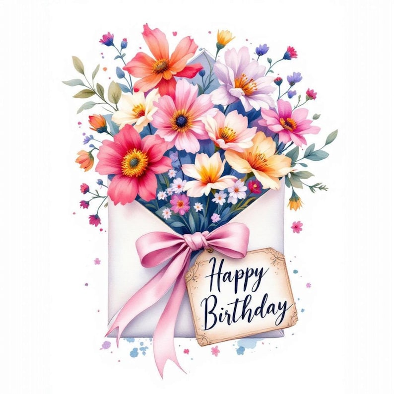 10 Happy Birthday Watercolor Clipart PNG Floral Printable Art for Cards ...