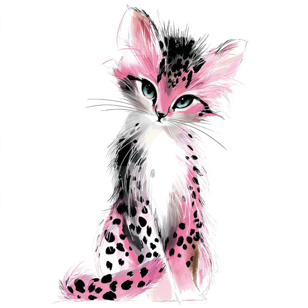 20 Watercolor Pink Leopard Cat Clipart (JPG) : Fashion Safari Cats ...