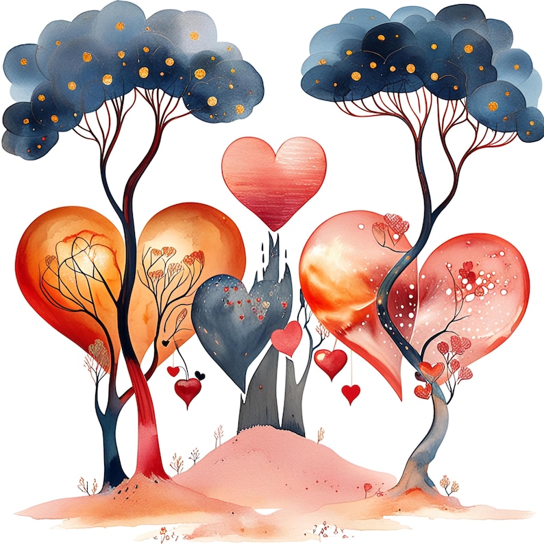 10 Watercolor Heart Tree Clipart, Romantic Nature Print, Digital ...