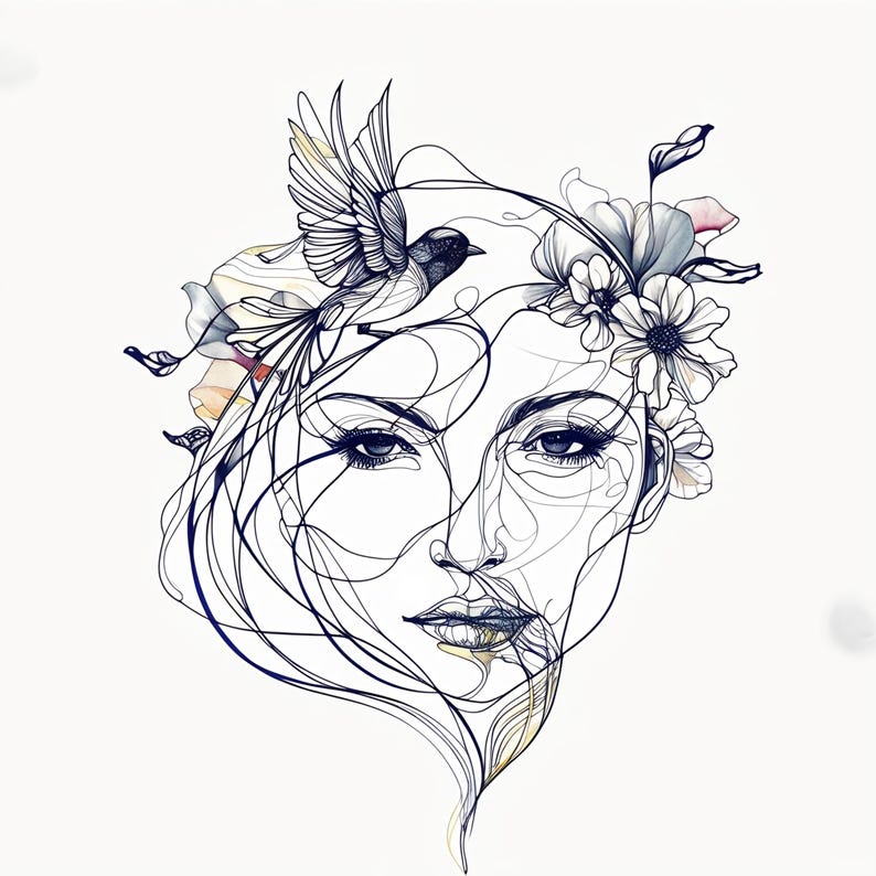 Floral Woman Line Art Clipart: Girl With Birds (digital Download) - Etsy