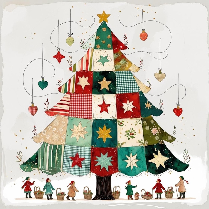 Watercolor Christmas Tree Clip Art: Calico Patchwork Designs (digital ...