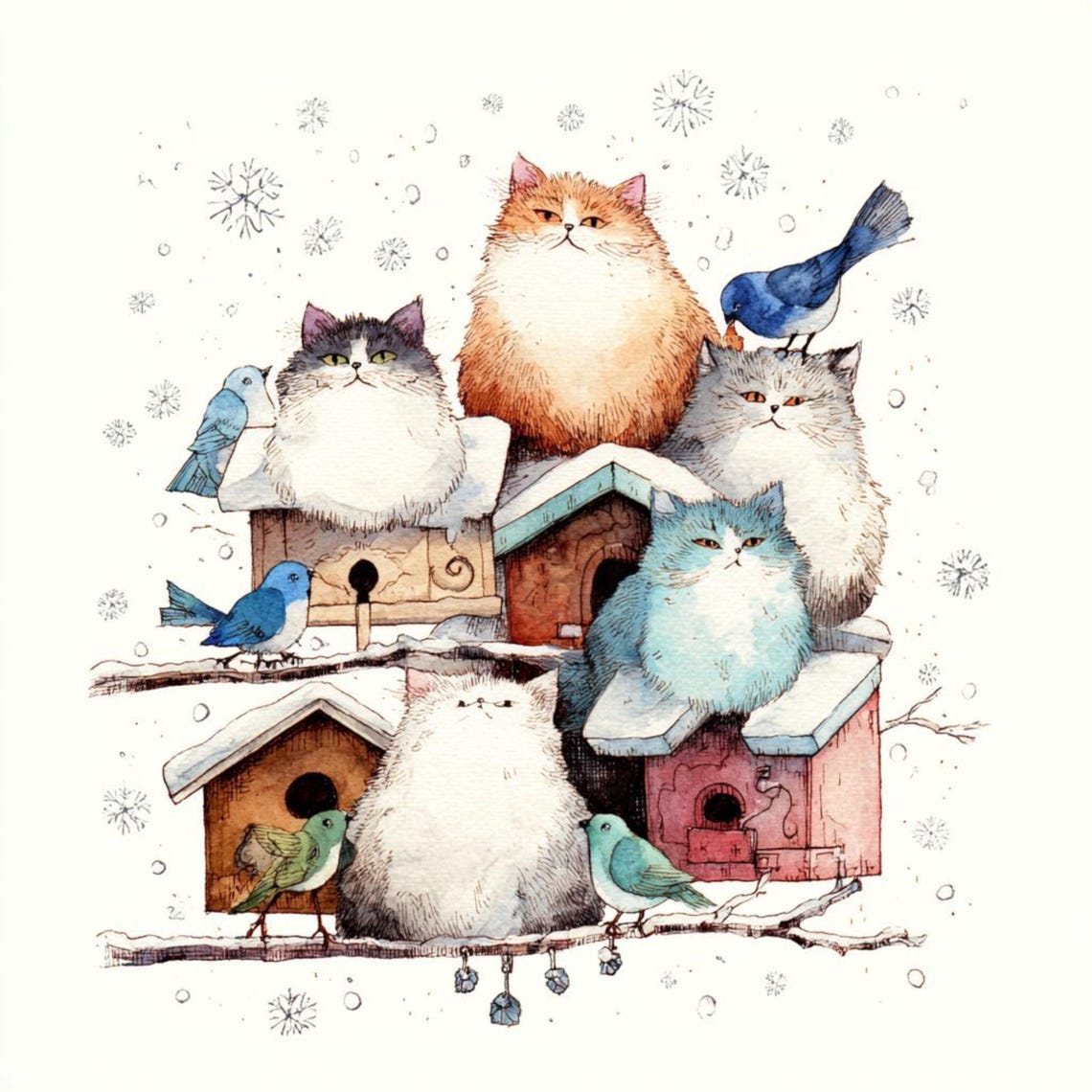 30 Watercolor Whimsical Cat Clipart (JPG) : Colorful Funny Cats for ...