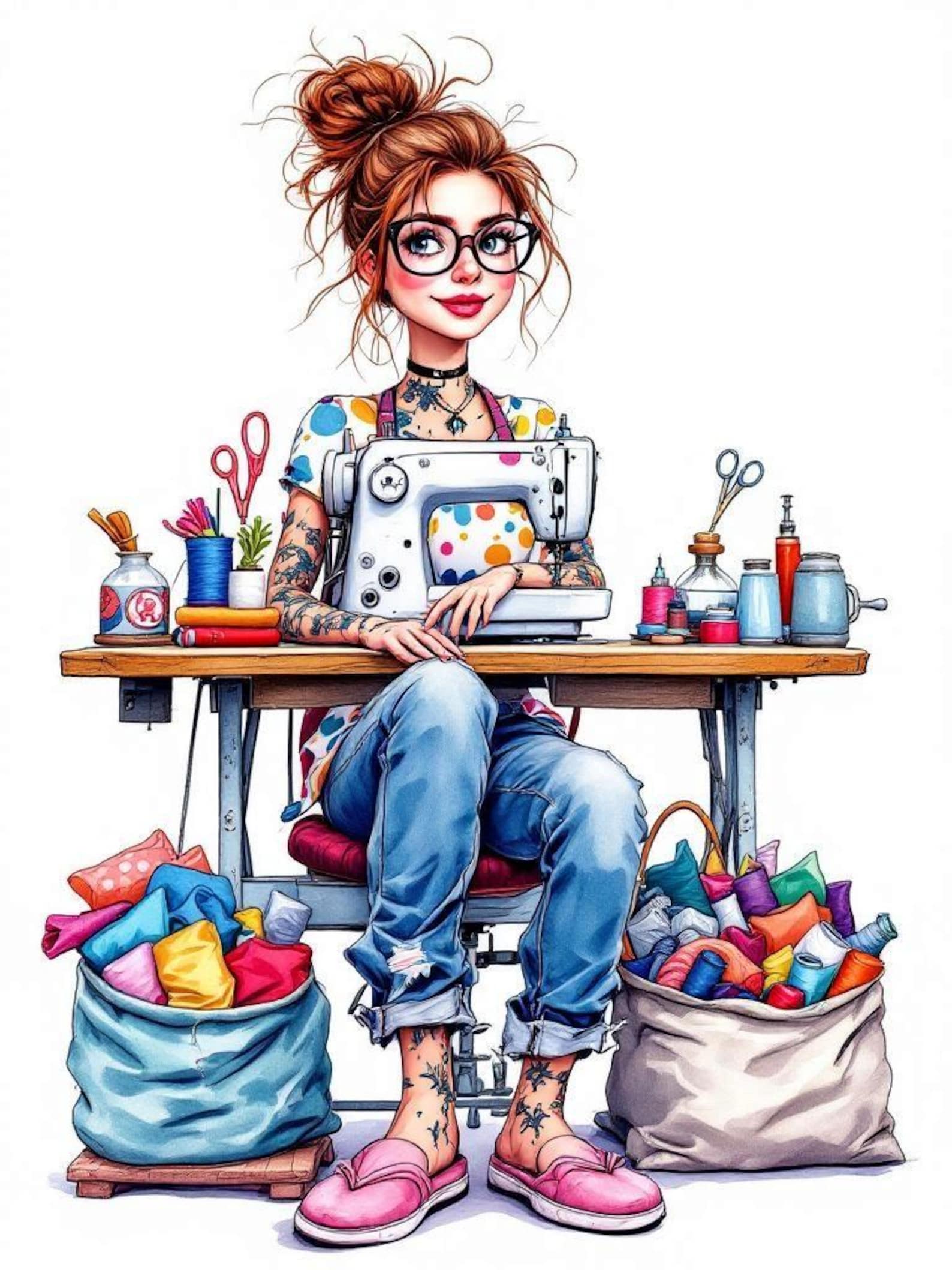 15 Seamstress Clipart | Stylish Woman Sewing Machine Art ,quirky Tailor ...