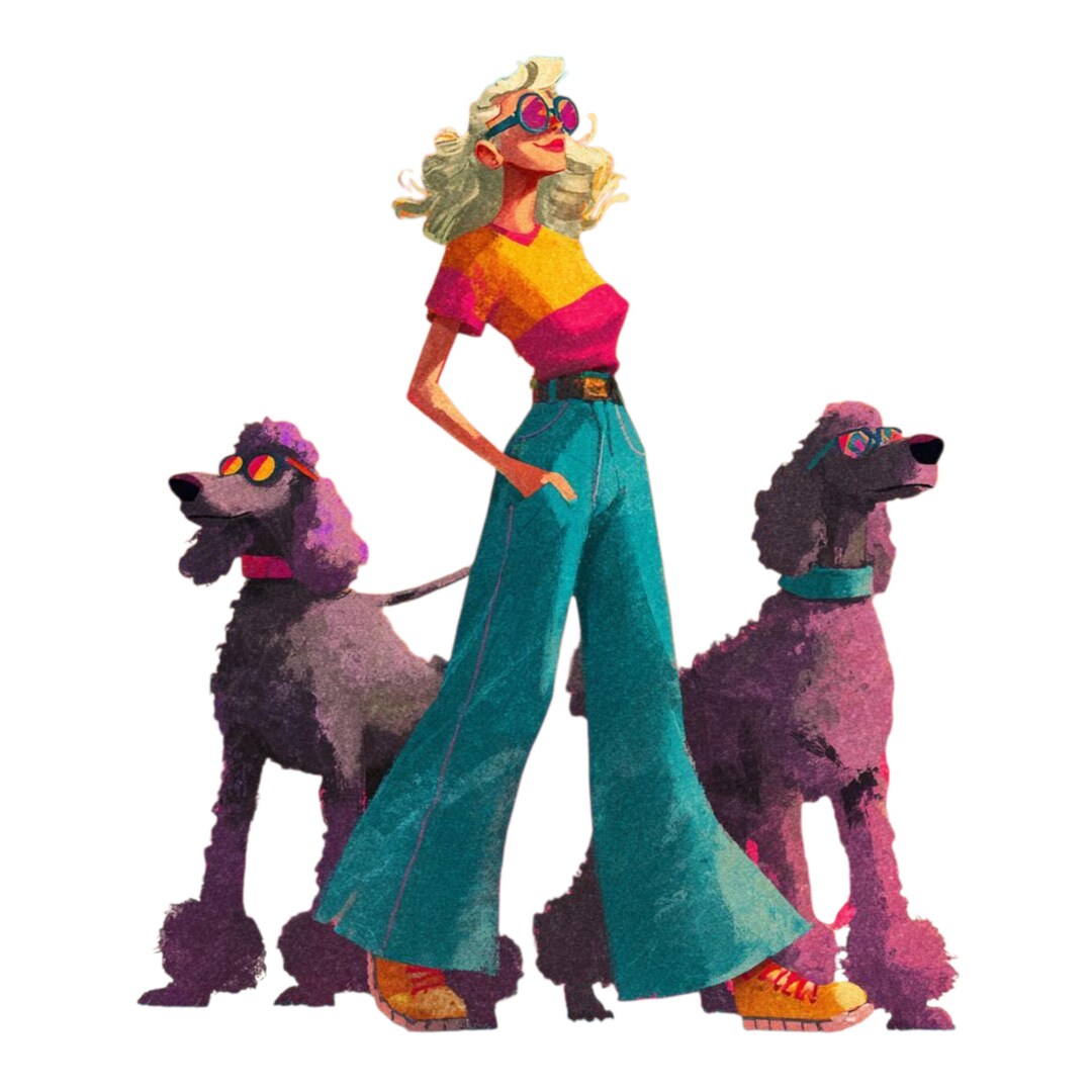 12 Retro Woman & Dog Clipart (PNG JPG) : Groovy Walking Queens for Wall ...