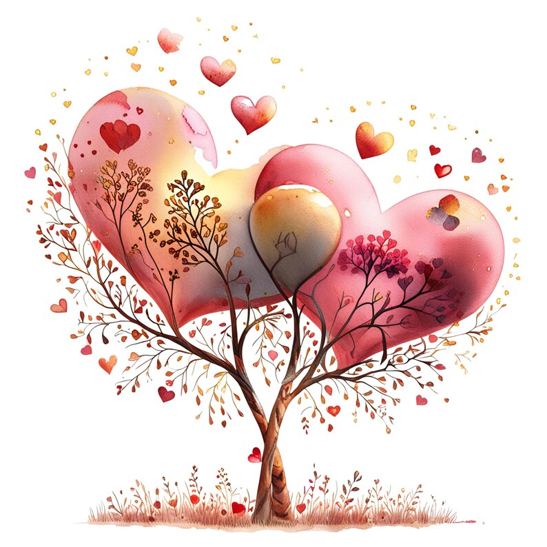 10 Watercolor Heart Tree Clipart, Romantic Nature Print, Digital ...