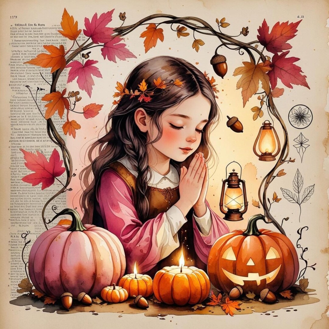 9 Watercolor Autumn Praying Girl Clipart (JPG) : Fall Spiritual Art for ...