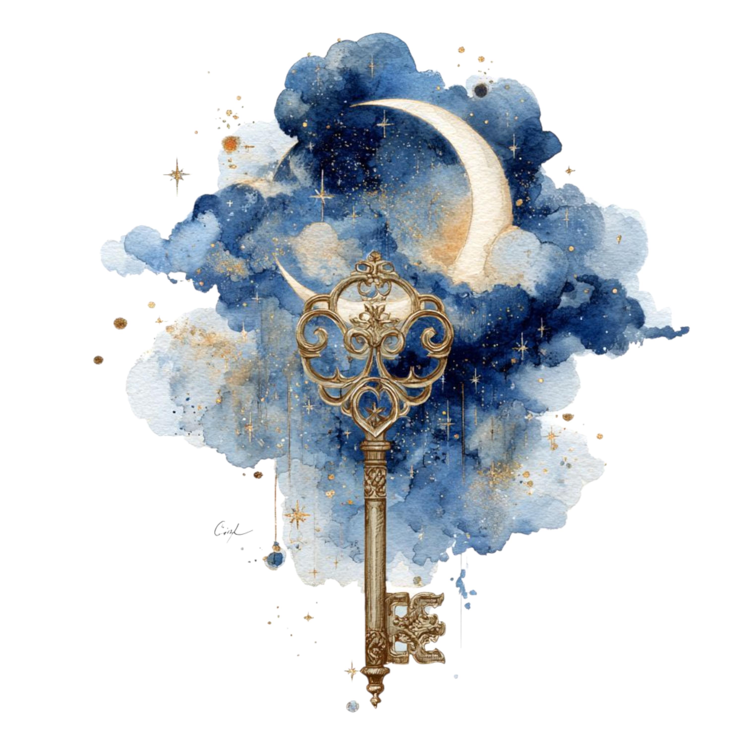 15 Celestial Moon Key Clipart (PNG JPG) – Mystical Gold Watercolor ...