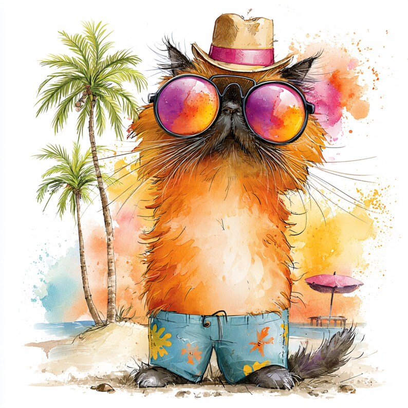 25 Beach Cat Clipart | Watercolor Persian Tabby in Sunglasses Tropical ...