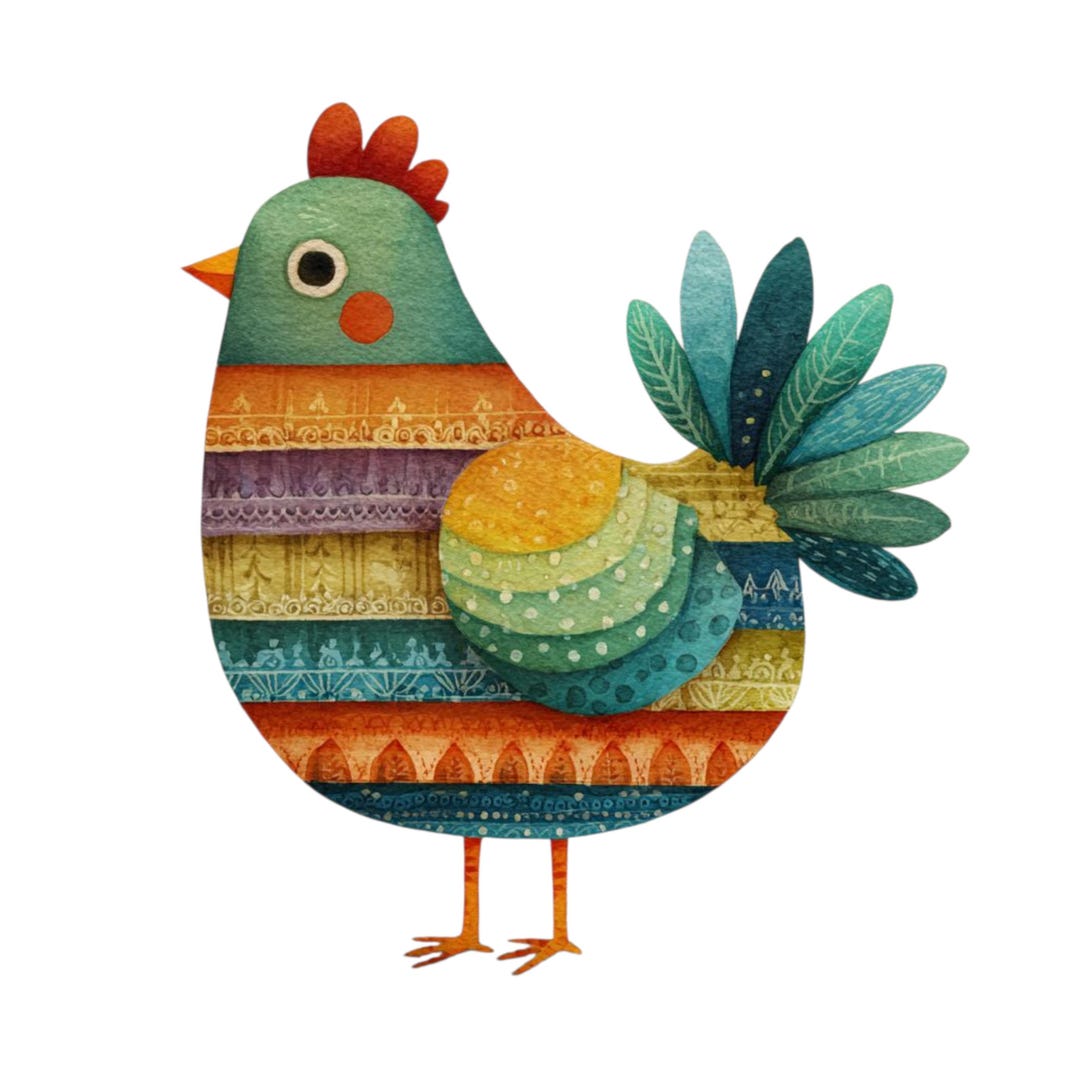 Vintage Folk Art Chicken Clipart, 20 Whimsical Spring PNG Designs for ...