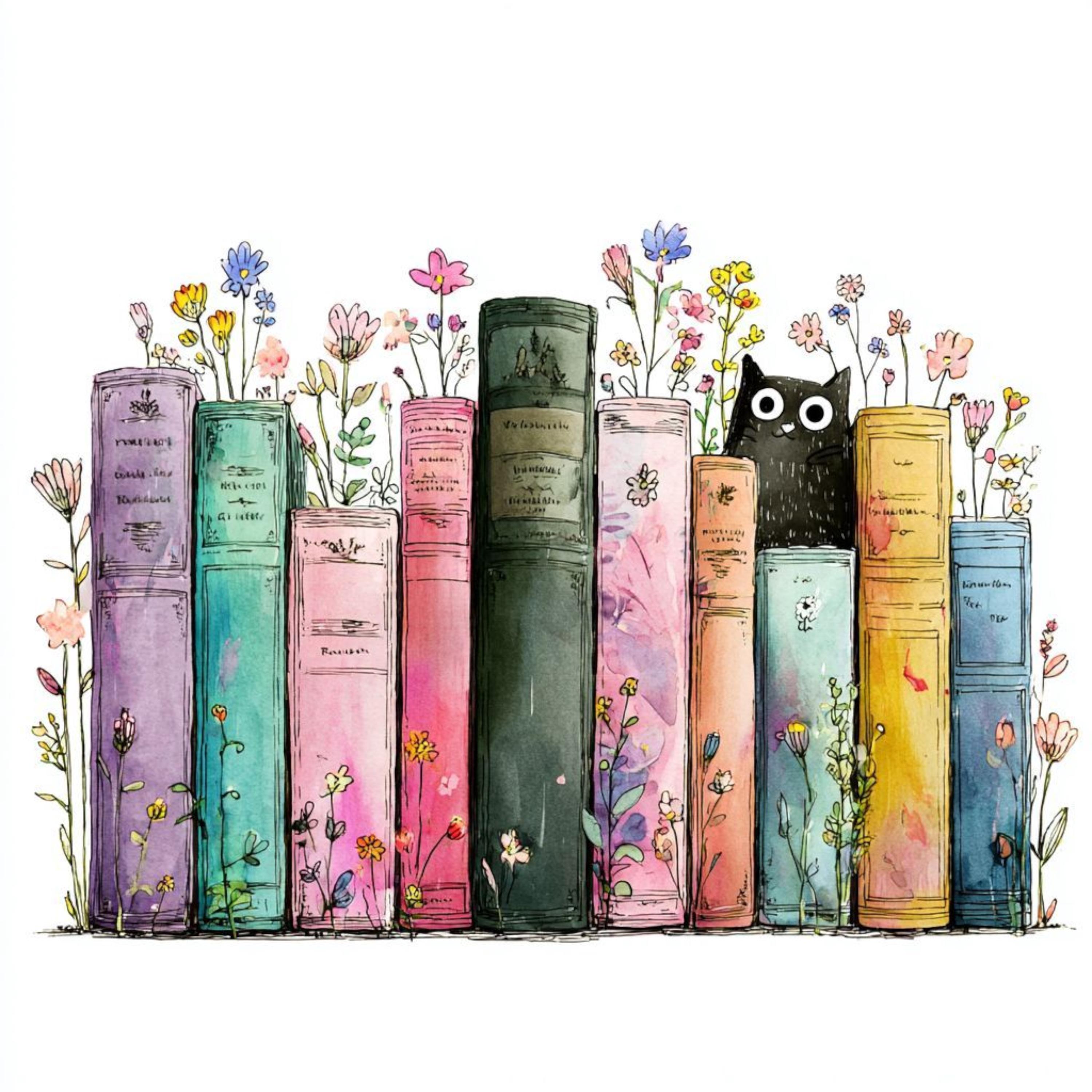 25 Watercolor Book Cat Clipart (JPG) : Whimsical Floral Library Cats ...