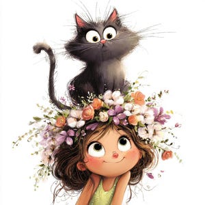 18 Girl and Cat Clipart: Whimsical Watercolor Floral PNG Set - Etsy