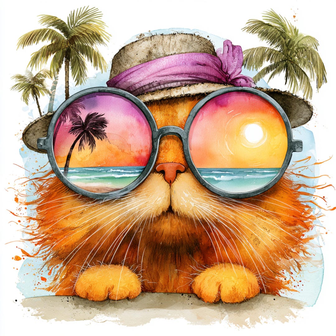 25 Beach Cat Clipart | Watercolor Persian Tabby in Sunglasses Tropical ...