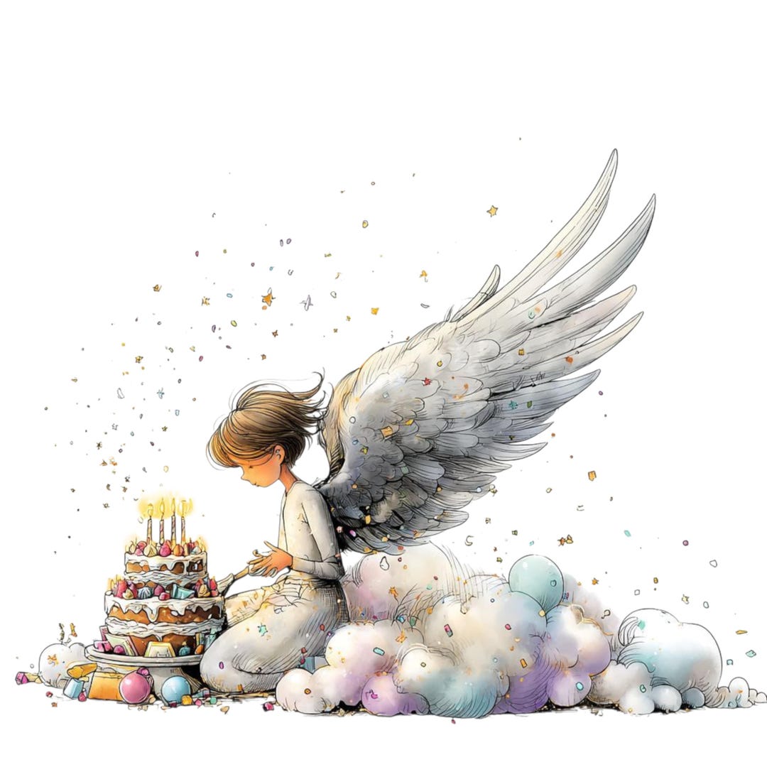 15 Whimsical Birthday Angel Clipart PNG : Fantasy Girl With Cake ...