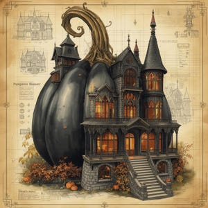 Retro Pumpkin House Blueprint Art , Printable Halloween Wall Decor ...