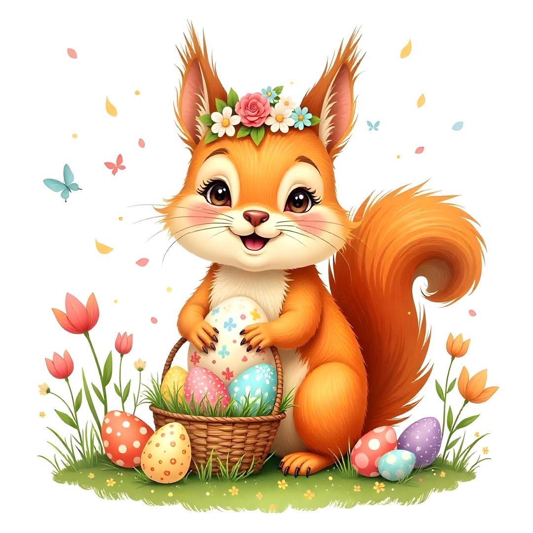 8 Whimsical Easter Squirrel Digital Art, Quirky Fluffy Fur Squirrel ...