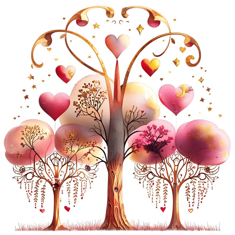 10 Watercolor Heart Tree Clipart, Romantic Nature Print, Digital ...