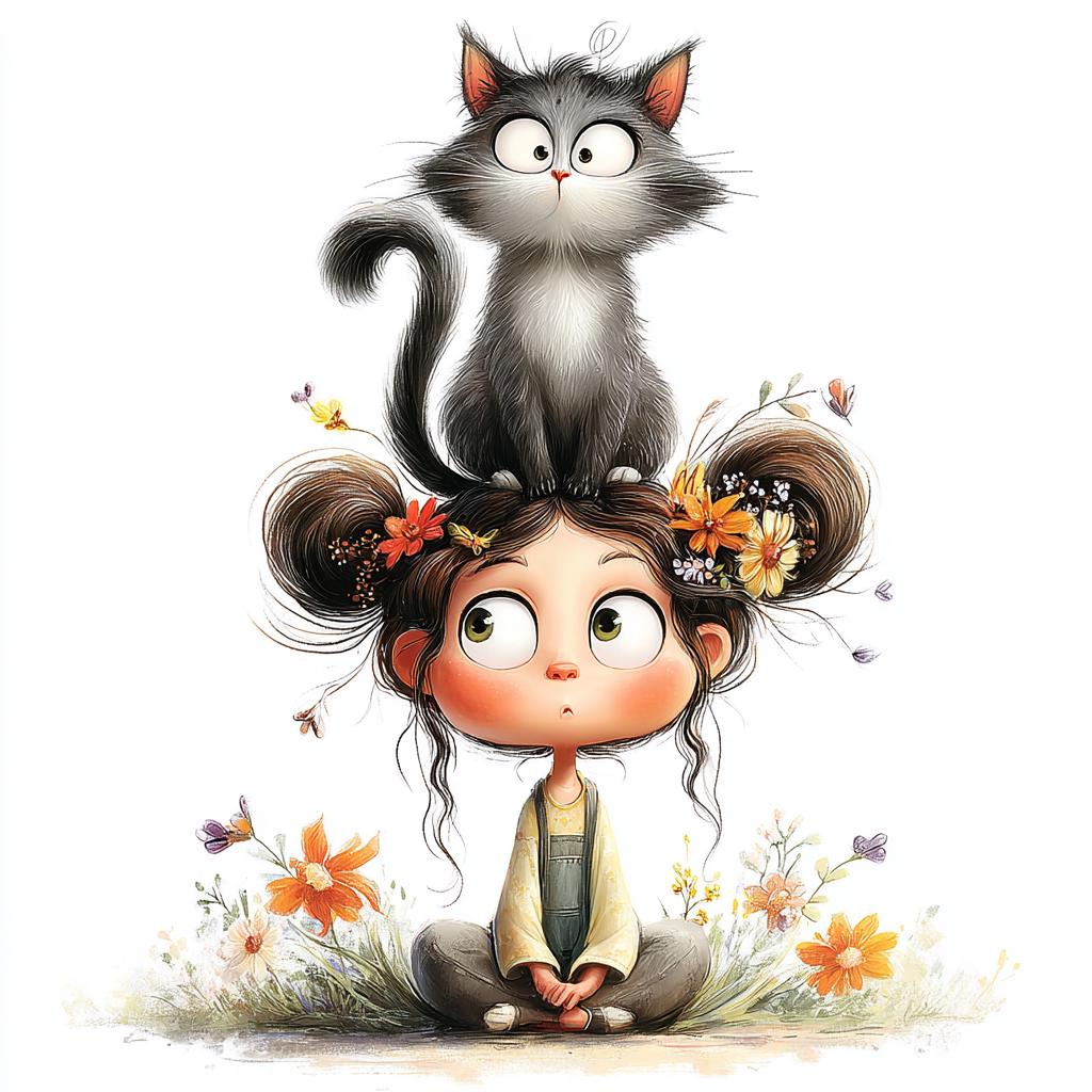 18 Girl and Cat Clipart: Whimsical Watercolor Floral PNG Set - Etsy