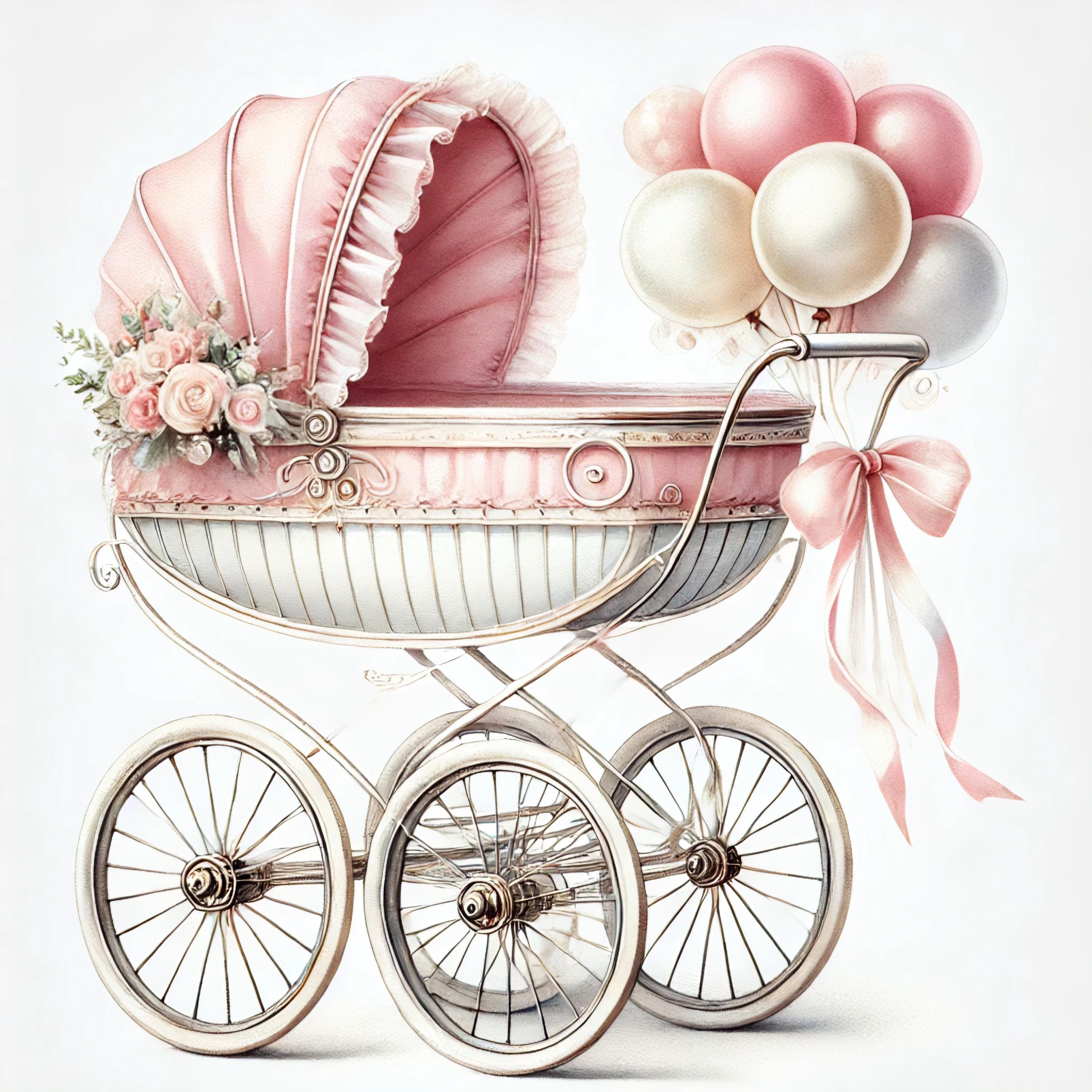 10 Vintage Baby Carriage Clipart, Watercolor Stroller Baby Clipart ...