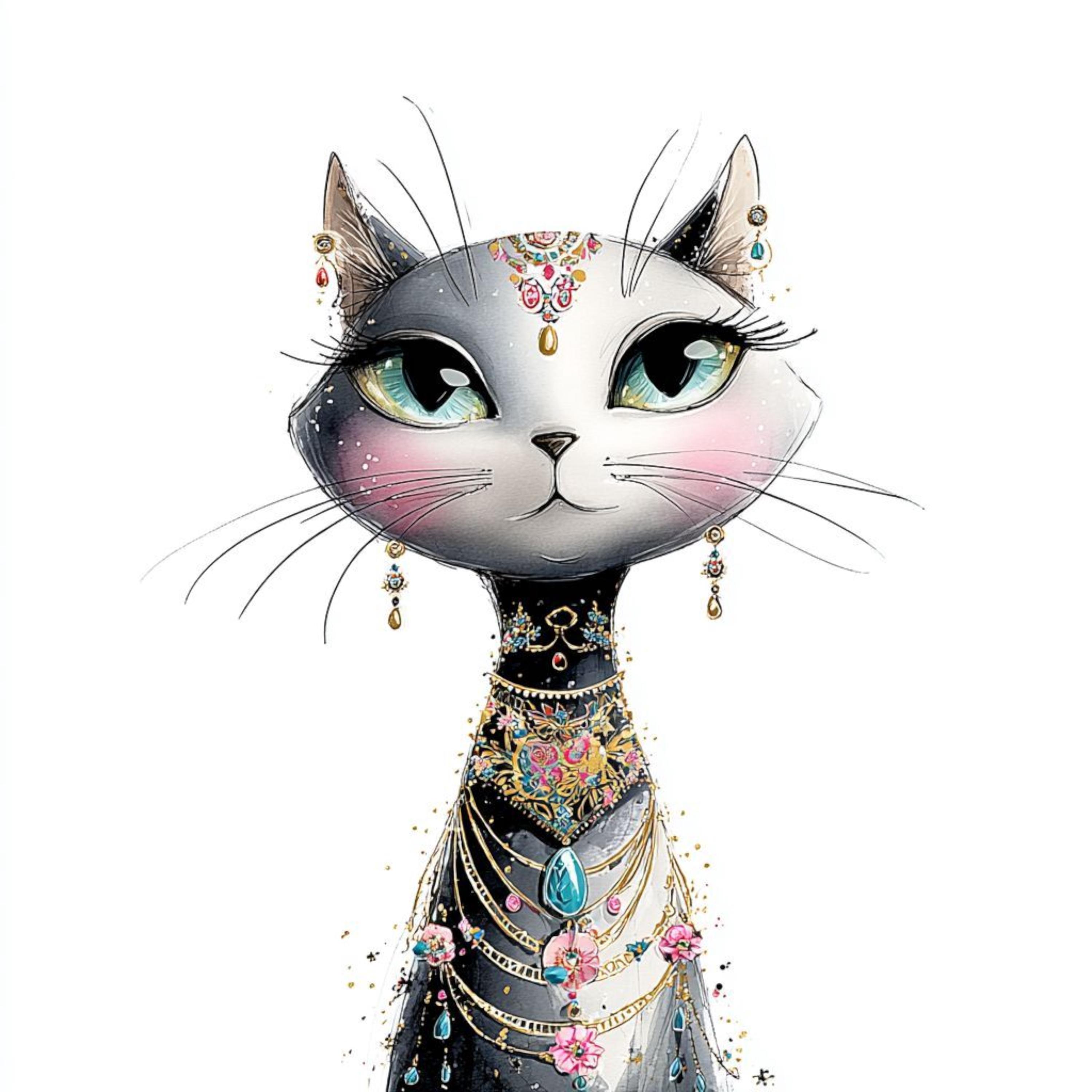 25 Watercolor Jewel Cat Clipart (JPG) : Luxury Fashion Cats for ...