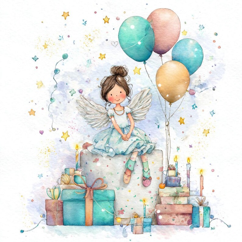18 Angel Birthday Card Clipart (JPG) : Soft Watercolor Baby Angels for ...