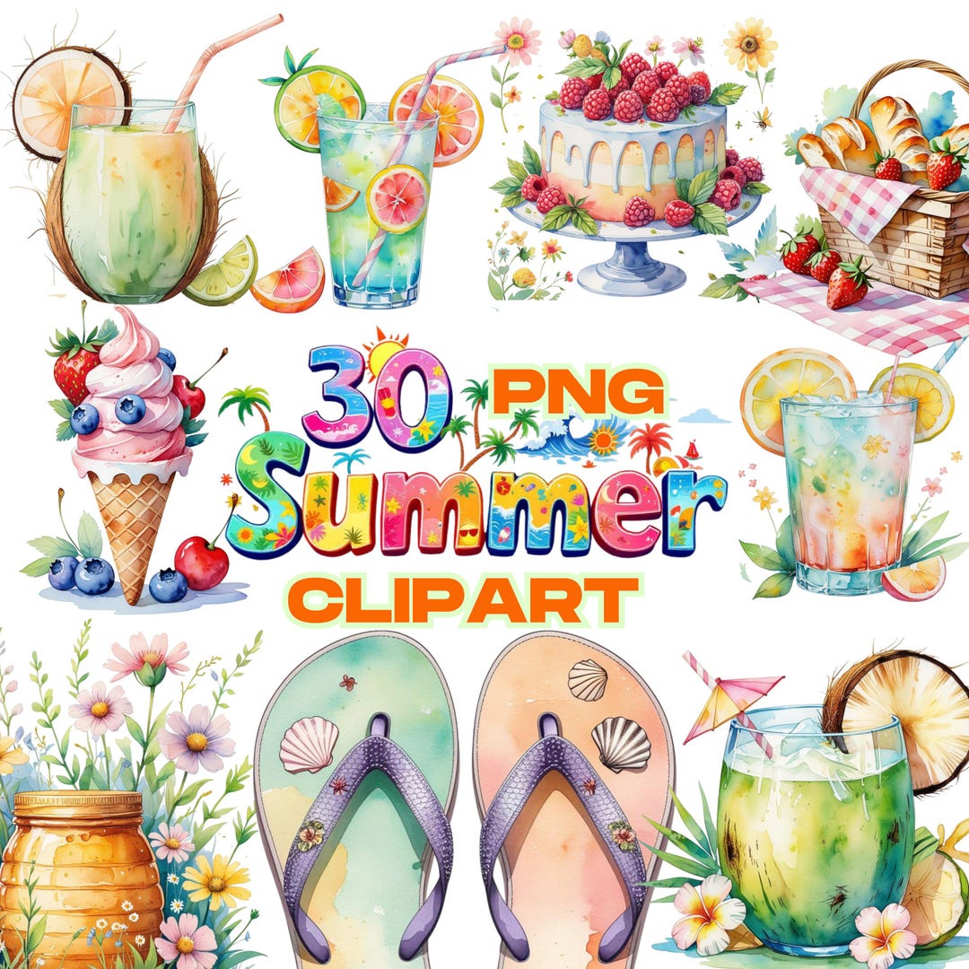 30 Summer Clipart (PNG) : Colorful Tropical Drinks & Beach Picnic Art ...
