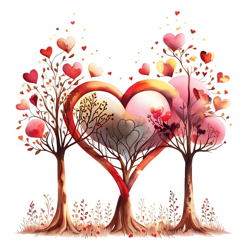 10 Watercolor Heart Tree Clipart, Romantic Nature Print, Digital ...