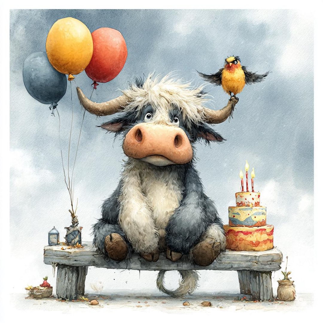 18 Funny Birthday Bull Clipart (JPG) : Quirky Highland Cow With Cake ...